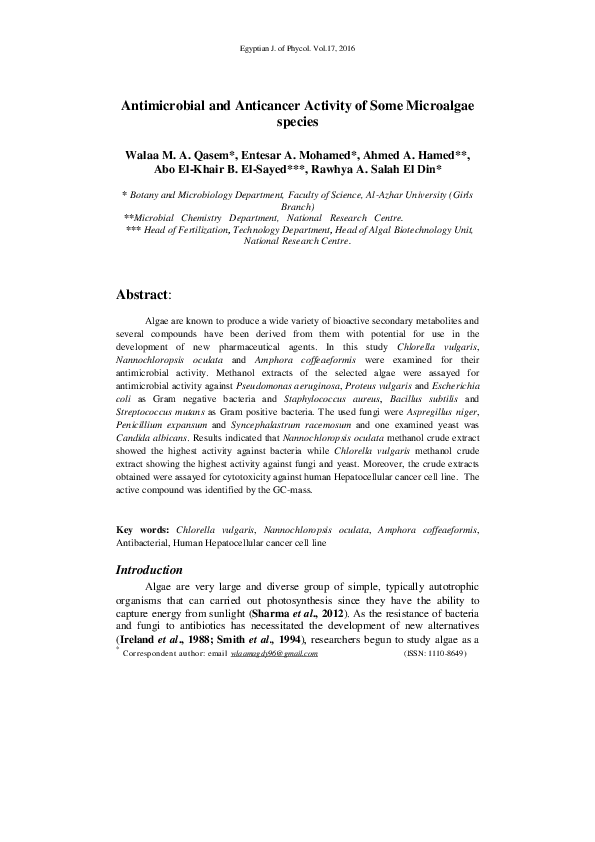 (PDF) Antimicrobial and Anticancer Activity of Some Microalgae species