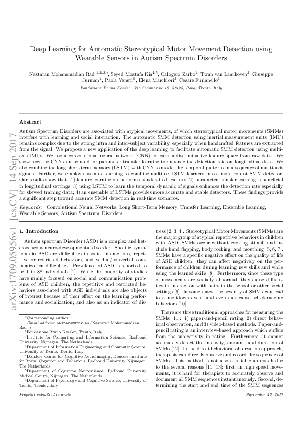 (PDF) Deep learning for automatic stereotypical motor movement detection using wearable sensors ...