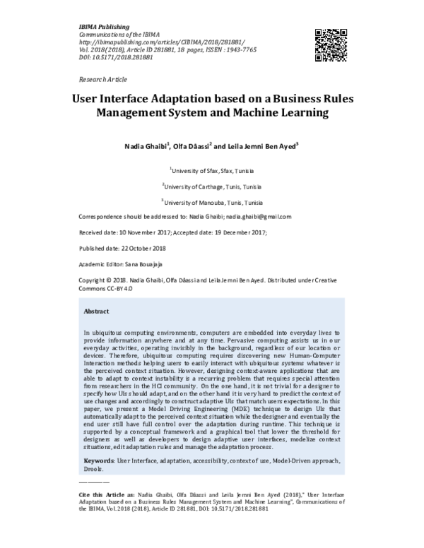 (PDF) User Interface Adaptation based on a Business Rules Management System and Machine Learning