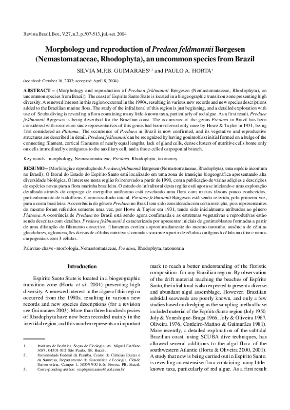 (PDF) Morphology and reproduction of Predaea feldmannii Børgesen ...