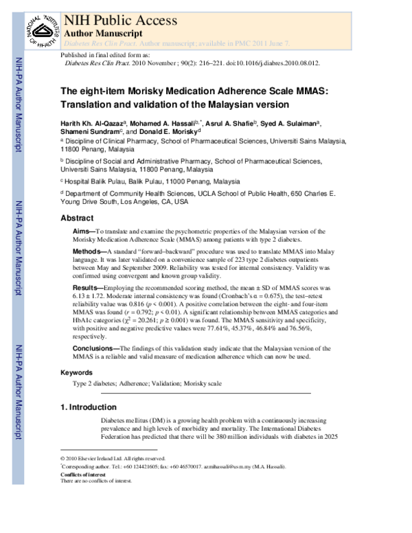 (PDF) The eight-item Morisky Medication Adherence Scale MMAS ...