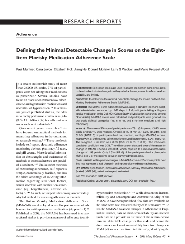 (PDF) Defining the Minimal Detectable Change in Scores on the Eight ...