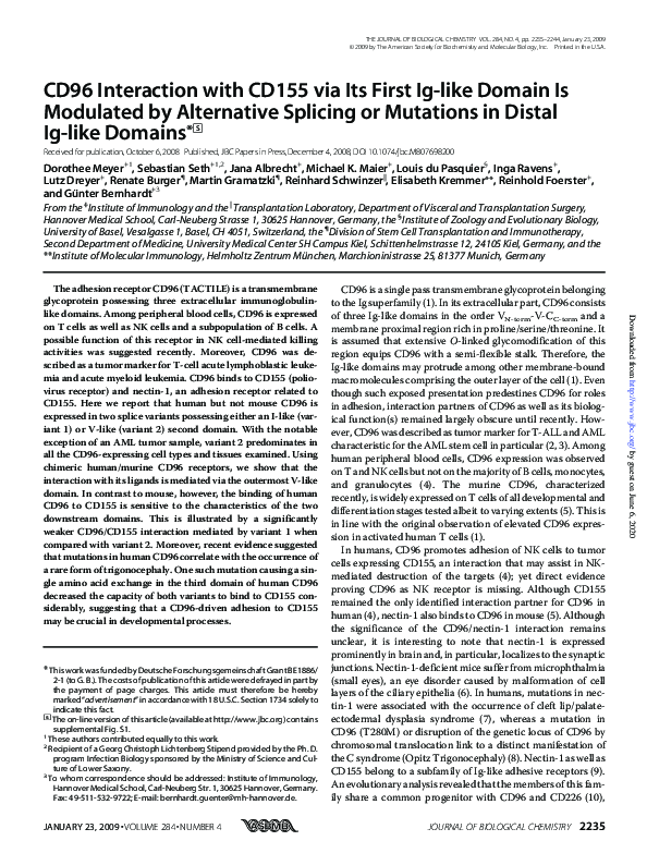 (PDF) CD96 Interaction with CD155 via Its First Ig-like Domain Is ...