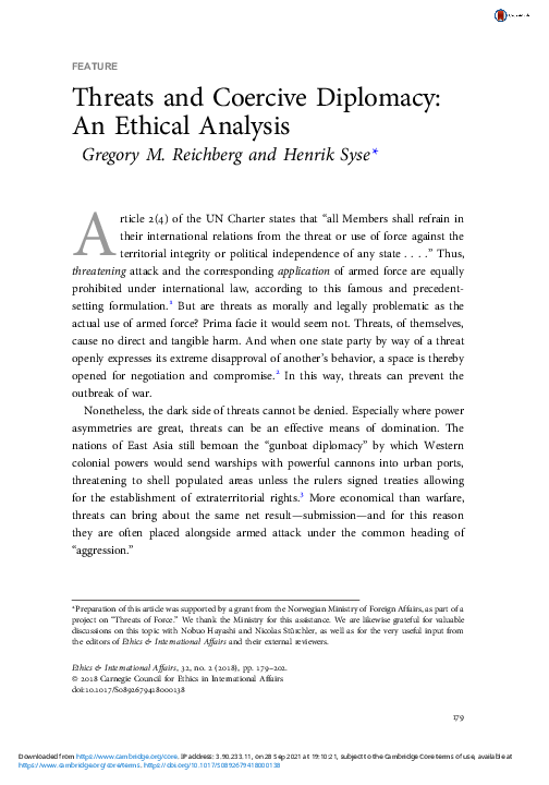 (PDF) Threats and Coercive Diplomacy: An Ethical Analysis | Gregory ...