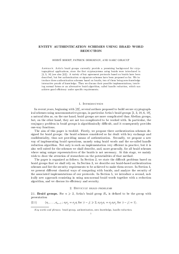 (PDF) Entity authentication schemes using braid word reduction