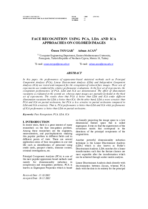 Pdf Face Recognition Using Pca Lda And Ica Approaches On Colored Images