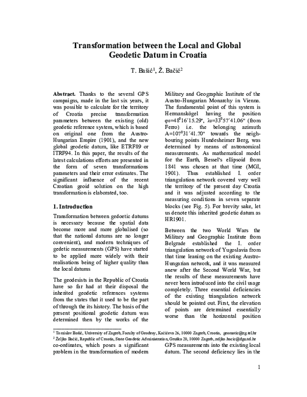 (PDF) Transformation between the Local and Global Geodetic Datum in Croatia