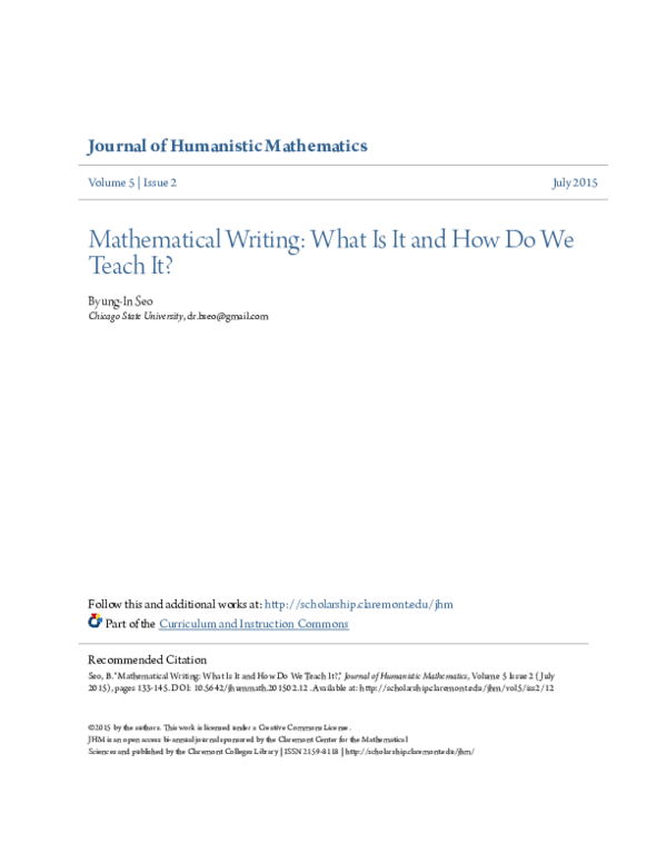 (PDF) Mathematical Writing: What Is It and How Do We Teach It?