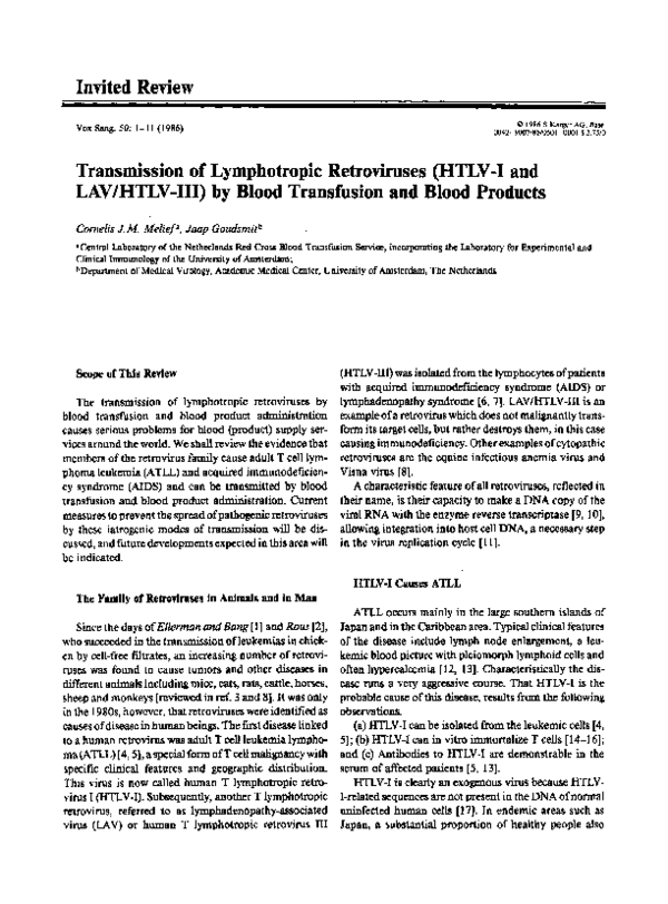 (PDF) Transmission of Lymphotropic Retroviruses (HTLV-I and LAV/HTLV ...