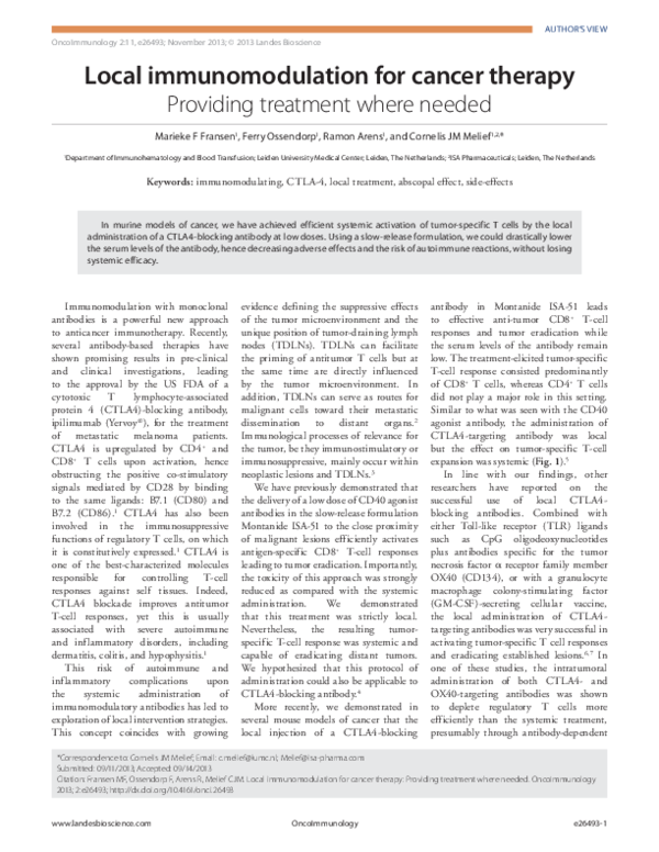 (PDF) Local immunomodulation for cancer therapy: Providing treatment ...