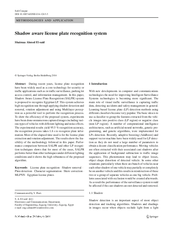 (PDF) Shadow aware license plate recognition system