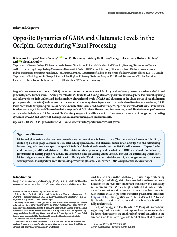 (PDF) Opposite dynamics of GABA and glutamate levels in the occipital cortex during visual ...
