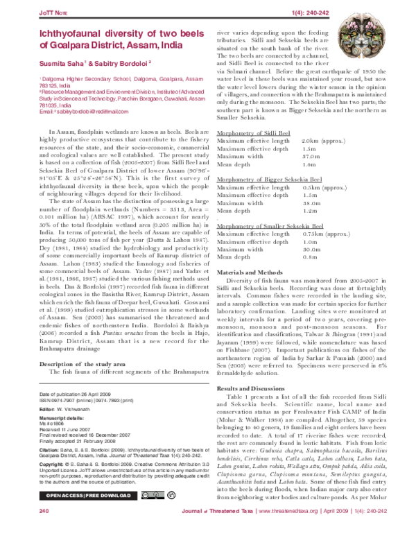 (PDF) Ichthyofaunal diversity of two beels of Goalpara District, Assam ...