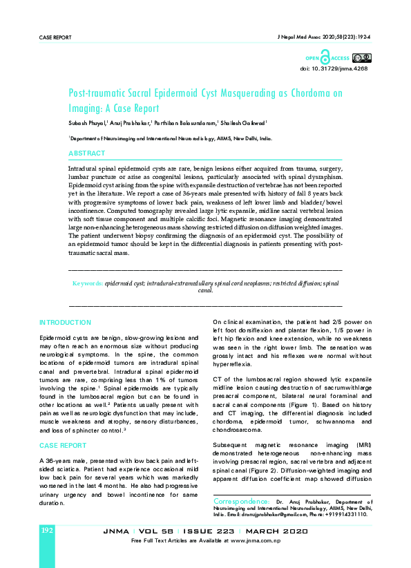 (PDF) Post-traumatic Sacral Epidermoid Cyst Masquerading as Chordoma on ...