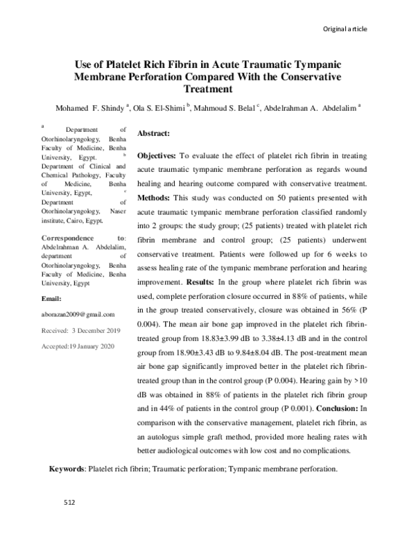 (PDF) Use of Platelet Rich Fibrin in Acute Traumatic Tympanic Membrane ...