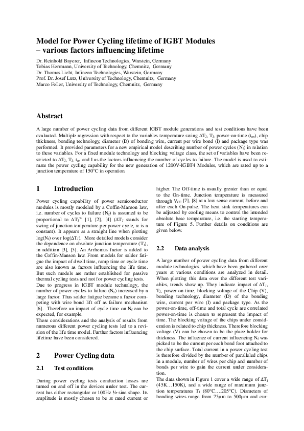 (PDF) Model for Power Cycling lifetime of IGBT Modules Â¿ various ...