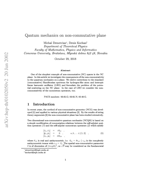 (PDF) Quantum mechanics on non-commutative plane | miso demetrian ...