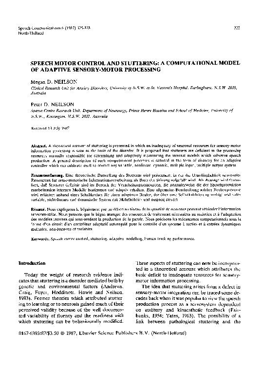 (PDF) Speech motor control and stuttering: A computational model of ...