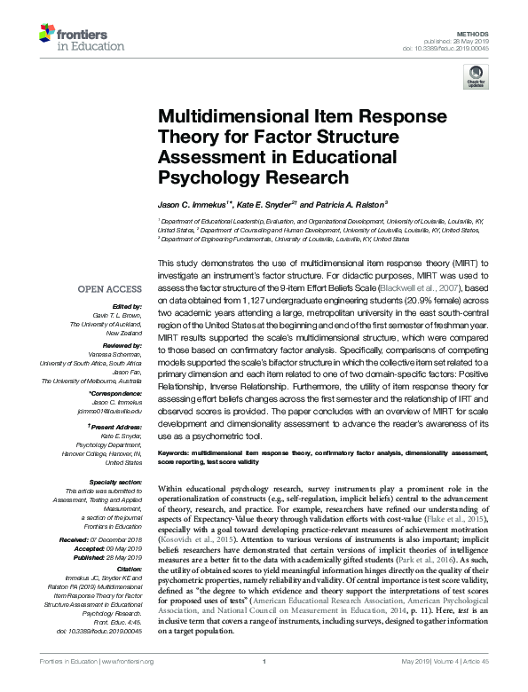 Pdf Multidimensional Item Response Theory For Factor Structure Assessment In Educational