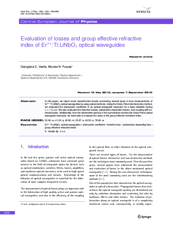 (PDF) Evaluation of losses and group effective refractive index of Er3+:Ti:LiNbO3 optical waveguides
