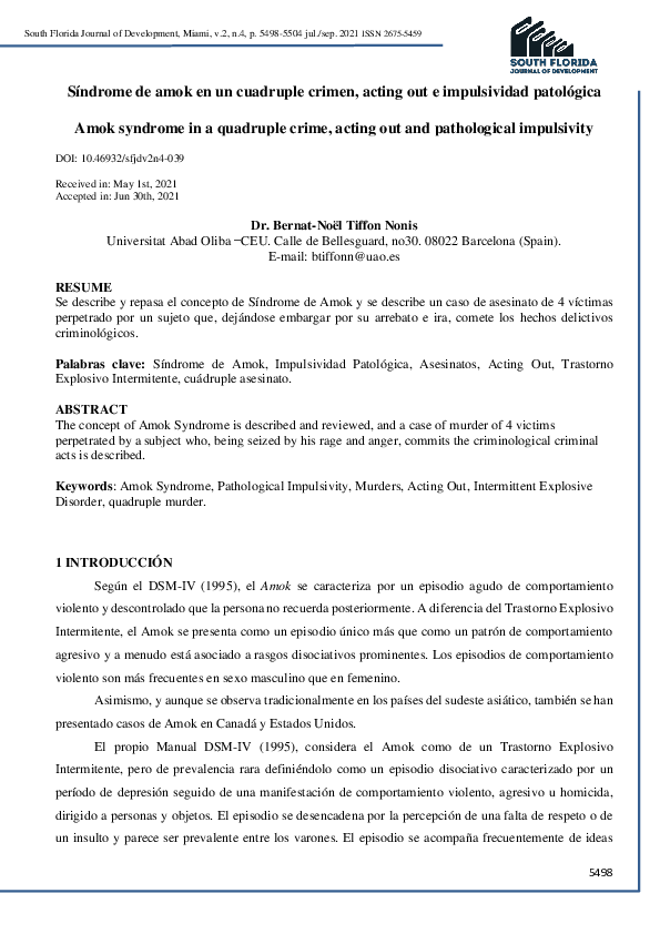 (PDF) Síndrome de amok en un cuadruple crimen, acting out e impulsividad patológica