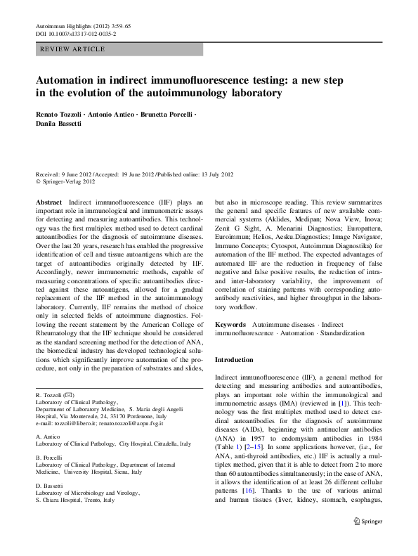 (PDF) Automation in indirect immunofluorescence testing: a new step in ...
