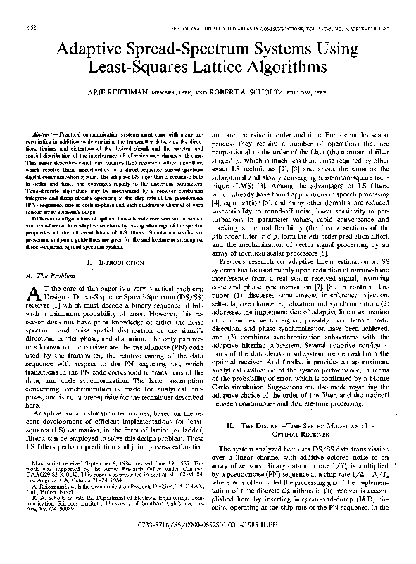 (PDF) Adaptive Spread-Spectrum Systems Using Least-Squares Lattice Algorithms