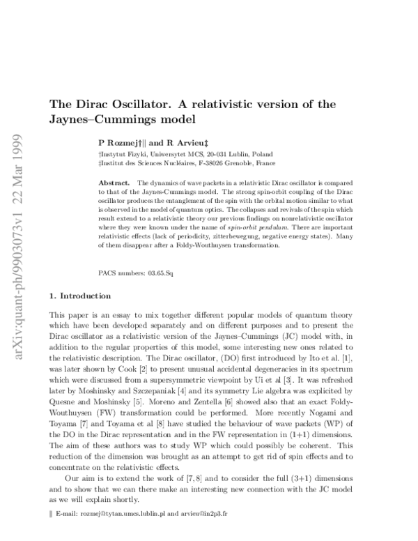 (PDF) The Dirac oscillator. A relativistic version of the Jaynes-Cummings model