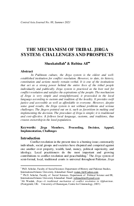 (PDF) THE MECHANISM OF TRIBAL JIRGA SYSTEM: CHALLENGES AND PROSPECTS