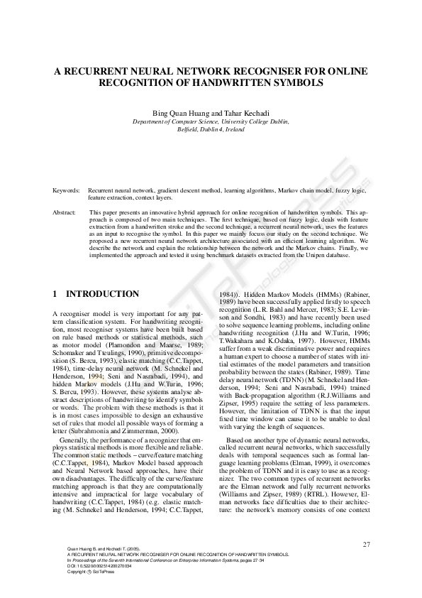 Pdf A Recurrent Neural Network Recogniser For Online Recognition Of Handwritten Symbols