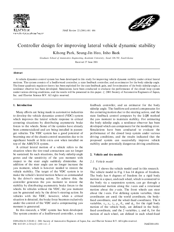 (PDF) Controller design for improving lateral vehicle dynamic stability
