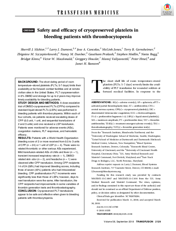 (PDF) Safety and efficacy of cryopreserved platelets in bleeding ...