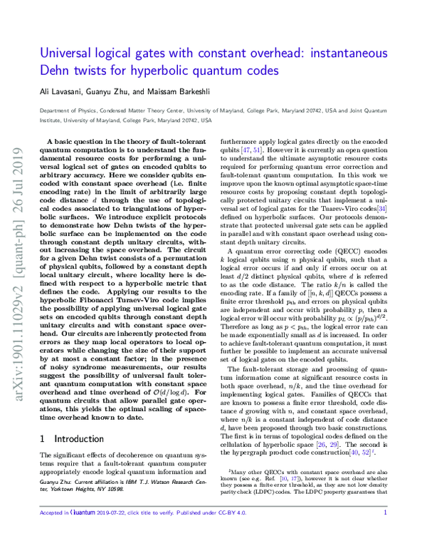 (PDF) Universal logical gates with constant overhead: instantaneous ...