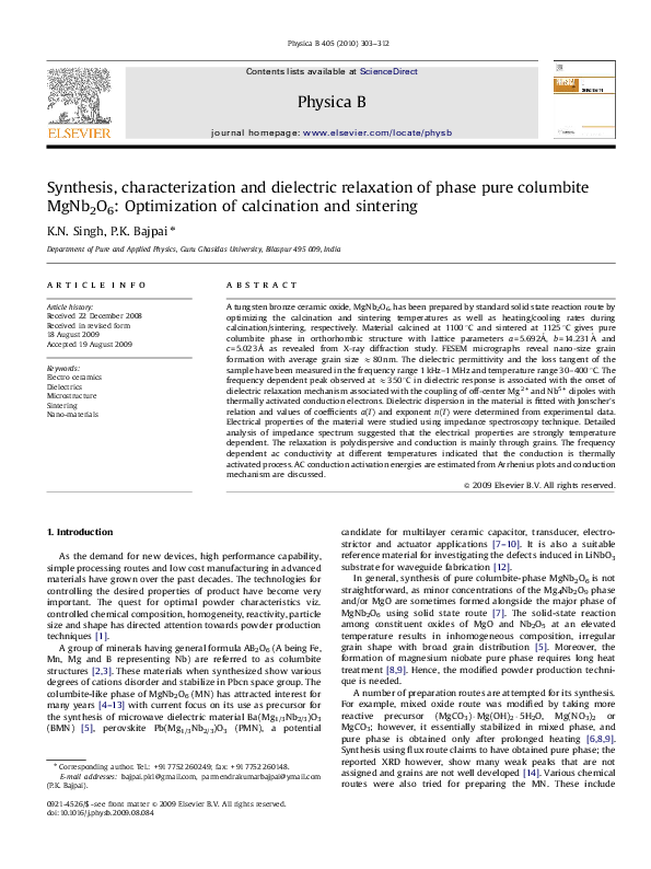 (PDF) Synthesis, characterization and dielectric relaxation of phase pure columbite MgNb2O6 ...