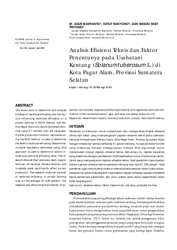 (PDF) Analisis Efisiensi Teknis dan Faktor Penentunya pada Usahatani Kentang (Solanumtuberosum L ...