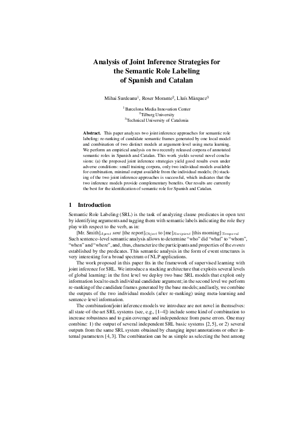 Pdf Analysis Of Joint Inference Strategies For The Semantic Role Labeling Of Spanish And