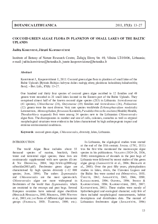 (PDF) Coccoid Green Algae Flora in Plankton of Small Lakes of the ...