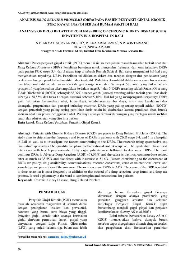 (PDF) ANALISIS DRUG RELATED PROBLEMS (DRPs) PADA PASIEN PENYAKIT GINJAL ...