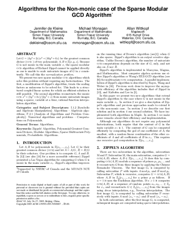 (PDF) Algorithms for the non-monic case of the sparse modular GCD algorithm