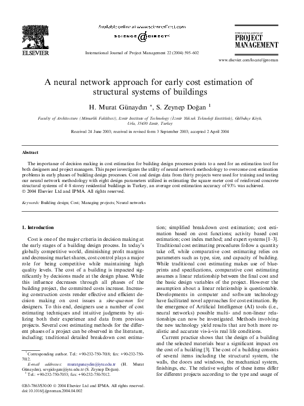 Pdf A Neural Network Approach For Early Cost Estimation Of Structural Systems Of Buildings