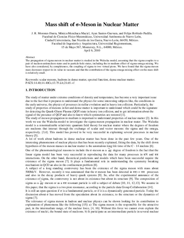 (PDF) Mass shift of sigma-Meson in Nuclear Matter