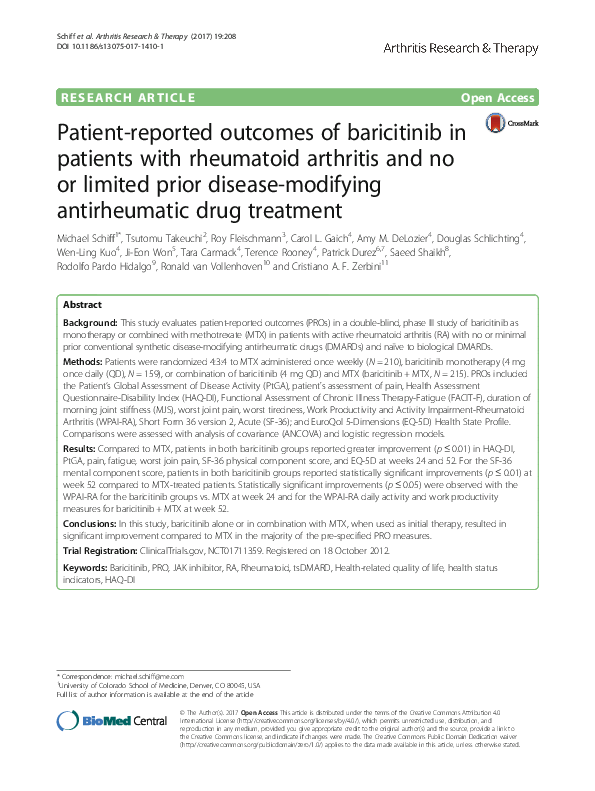 (PDF) Patient-reported outcomes of baricitinib in patients with rheumatoid arthritis and no or ...