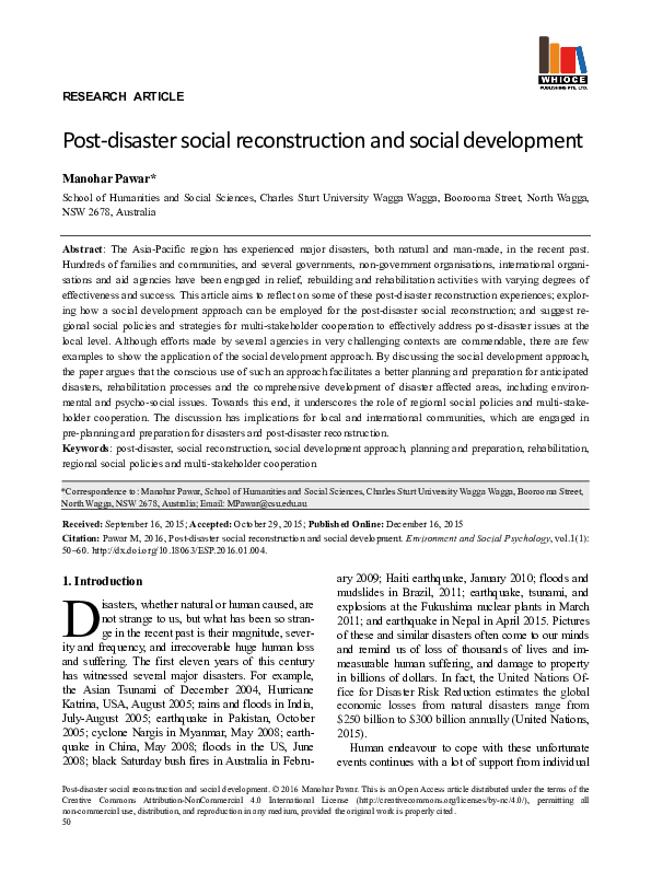 (PDF) Post-Disaster Social Reconstruction and Social Development ...