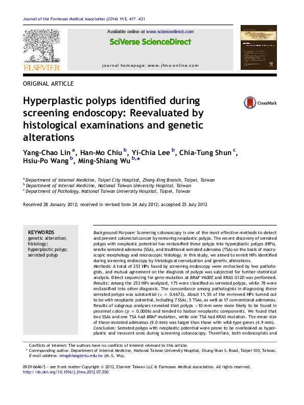 (PDF) Hyperplastic polyps identified during screening endoscopy ...