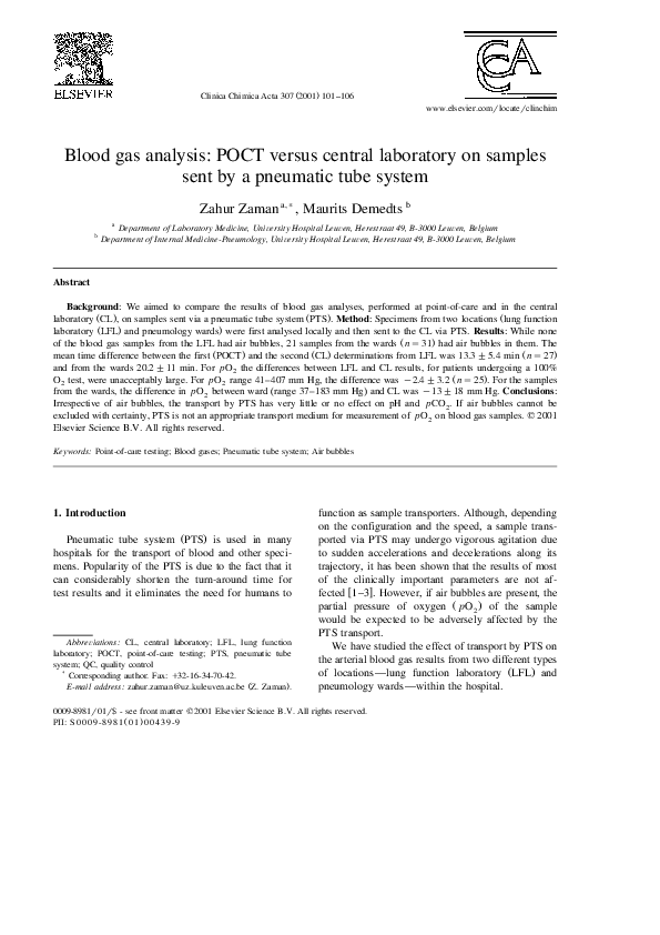 (PDF) Blood gas analysis: POCT versus central laboratory on samples ...