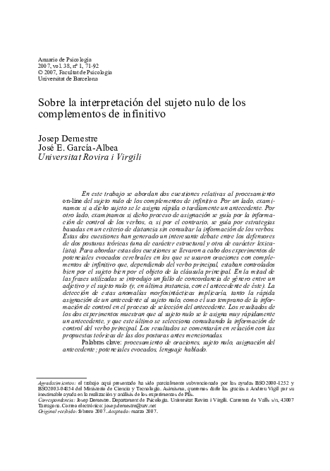 (PDF) Sobre la interpretación del sujeto nulo de los complementos de ...