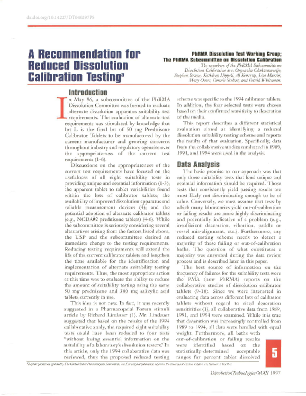 (PDF) A Recommendation for Reduced Dissolution Calibration Testing