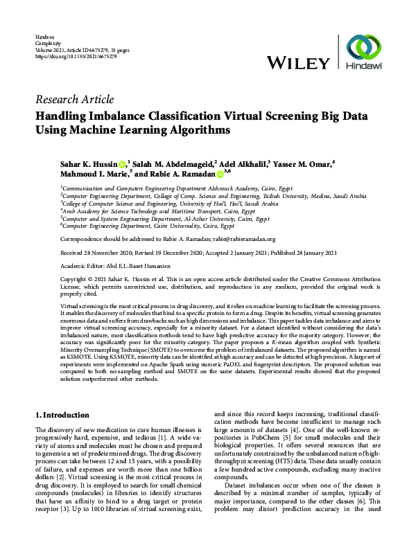 (PDF) Handling Imbalance Classification Virtual Screening Big Data Using Machine Learning Algorithms