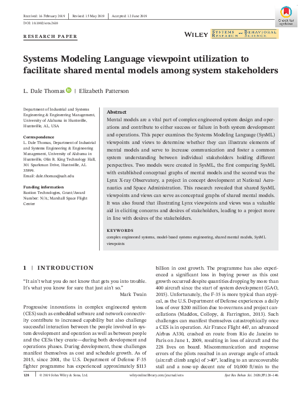 (PDF) Systems Modeling Language viewpoint utilization to facilitate ...