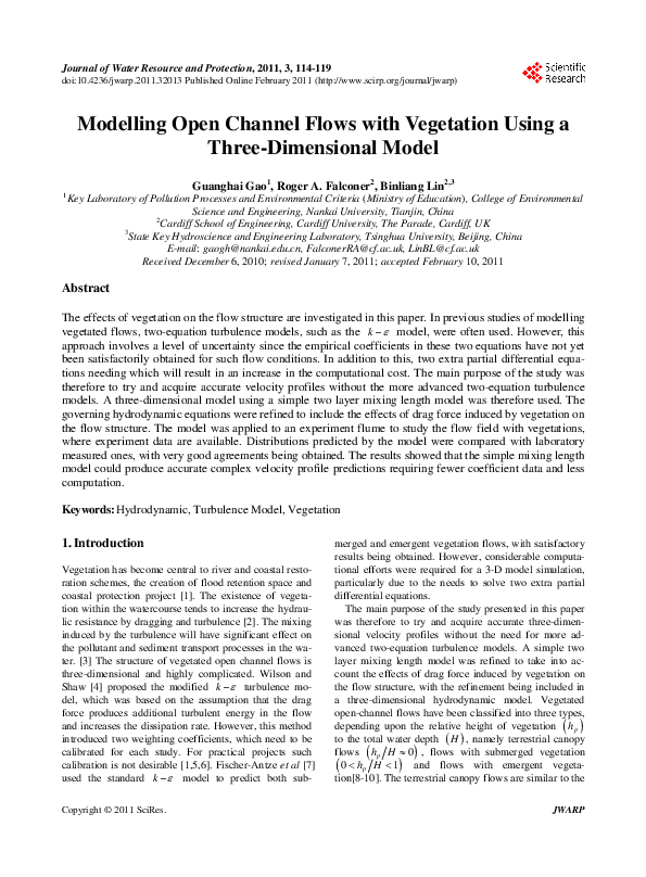 (PDF) Modelling open channel flows with vegetation using a three-dimensional model.